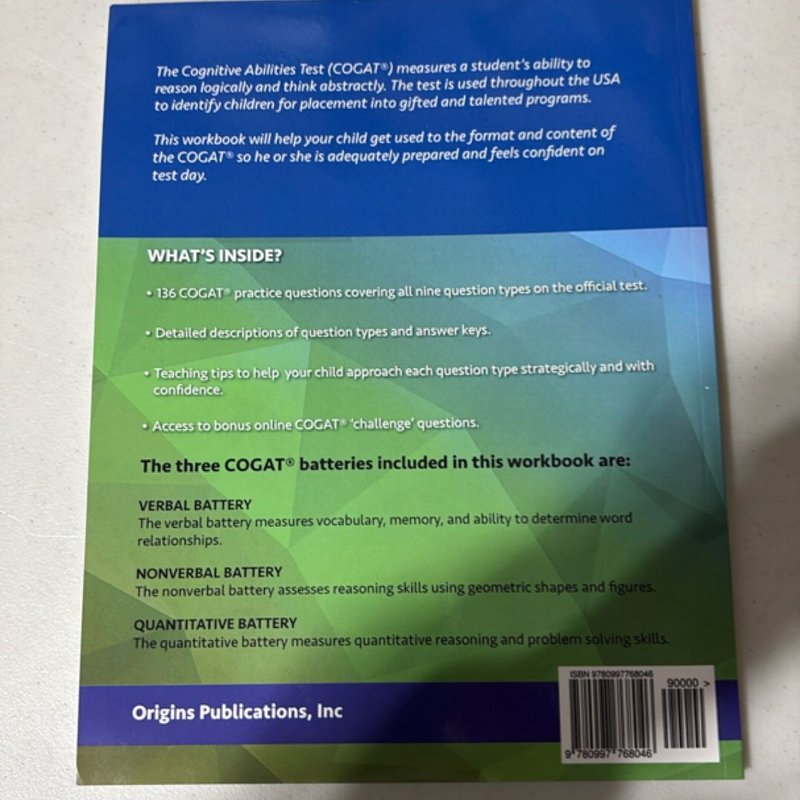 Practice Test for the CogAT Grade 1 Form 7 Level 7 by Gifted and ...